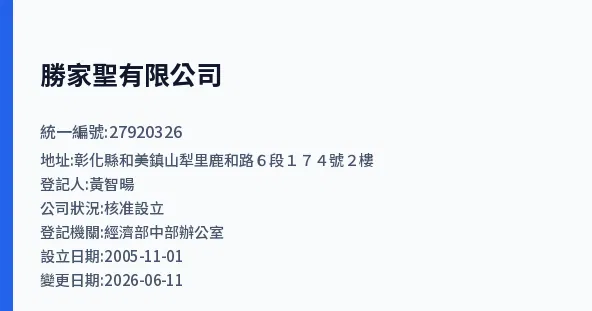 勝家聖有限公司的照片-統編 27920326(彰化縣) 公司登記資料與營業項目詳細圖表