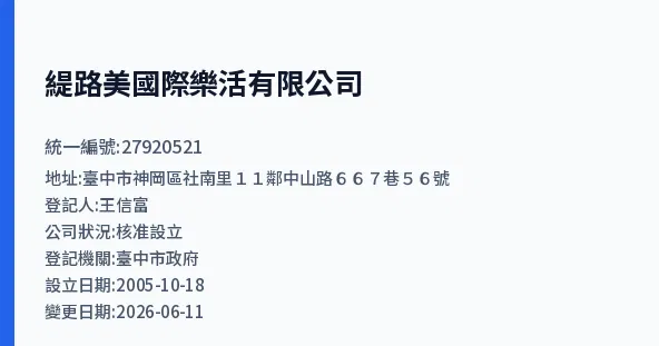 緹路美國際樂活有限公司的照片-統編 27920521(臺中市) 公司登記資料與營業項目詳細圖表