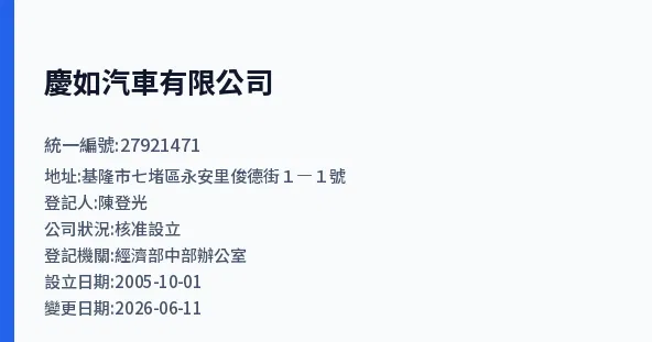 慶如汽車有限公司的照片-統編 27921471(基隆市) 公司登記資料與營業項目詳細圖表