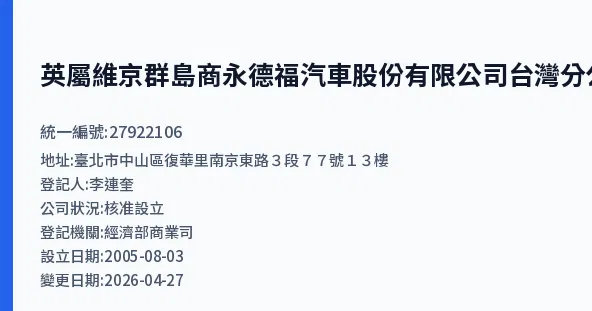 英屬維京群島商永德福汽車股份有限公司台灣分公司的照片-統編 27922106(臺北市) 公司登記資料與營業項目詳細圖表