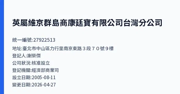 英屬維京群島商康廷寶有限公司台灣分公司的照片-統編 27922513(臺北市) 公司登記資料與營業項目詳細圖表
