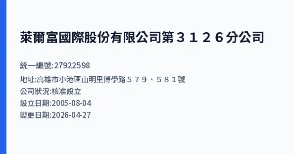 萊爾富國際股份有限公司第3126分公司的照片-統編 27922598(高雄市) 公司登記資料與營業項目詳細圖表