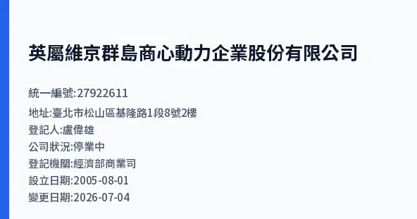 英屬維京群島商心動力企業股份有限公司的照片-統編 27922611(臺北市) 公司登記資料與營業項目詳細圖表
