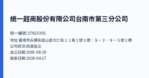 統一超商股份有限公司台南市第三分公司的照片-統編 27923301(臺南市) 公司登記資料與營業項目詳細圖表