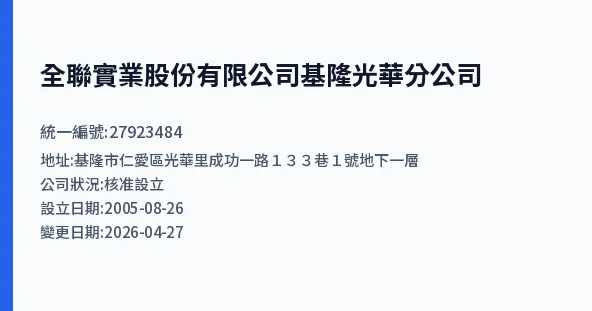 全聯實業股份有限公司基隆光華分公司的照片-統編 27923484(基隆市) 公司登記資料與營業項目詳細圖表