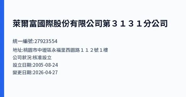 萊爾富國際股份有限公司第3131分公司的照片-統編 27923554(桃園市) 公司登記資料與營業項目詳細圖表