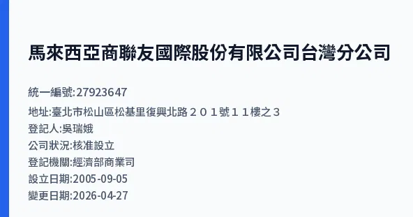 馬來西亞商聯友國際股份有限公司台灣分公司的照片-統編 27923647(臺北市) 公司登記資料與營業項目詳細圖表