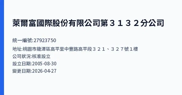 萊爾富國際股份有限公司第3132分公司的照片-統編 27923750(桃園市) 公司登記資料與營業項目詳細圖表