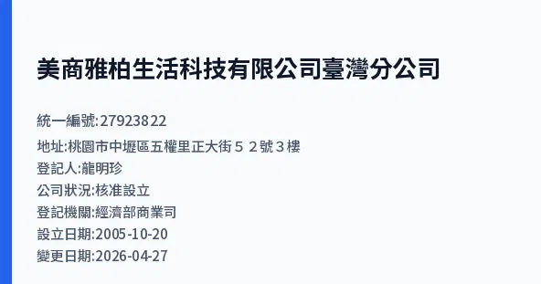 美商雅柏生活科技有限公司臺灣分公司的照片-統編 27923822(桃園市) 公司登記資料與營業項目詳細圖表