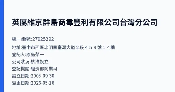 英屬維京群島商韋豐利有限公司台灣分公司的照片-統編 27925292(臺中市) 公司登記資料與營業項目詳細圖表