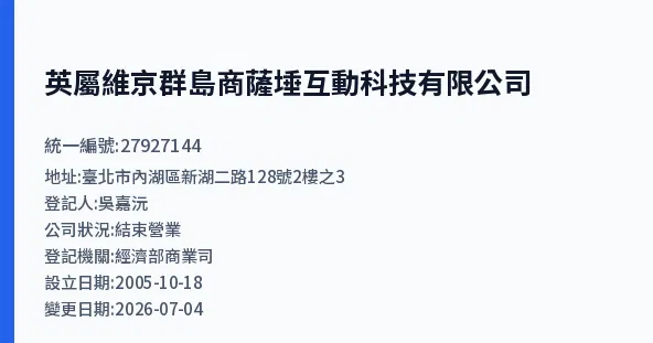 英屬維京群島商薩埵互動科技有限公司的照片-統編 27927144(臺北市) 公司登記資料與營業項目詳細圖表
