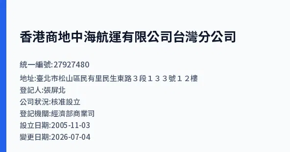 香港商地中海航運有限公司台灣分公司的照片-統編 27927480(臺北市) 公司登記資料與營業項目詳細圖表