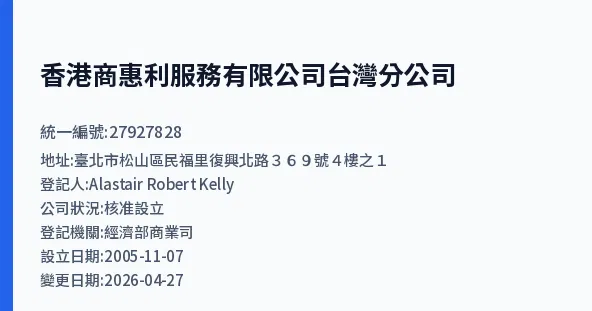 香港商惠利服務有限公司台灣分公司的照片-統編 27927828(臺北市) 公司登記資料與營業項目詳細圖表