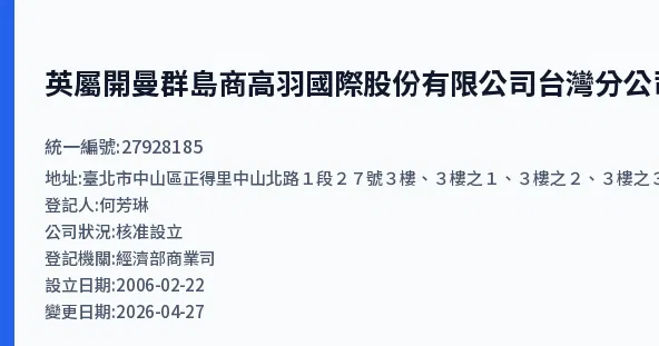英屬開曼群島商高羽國際股份有限公司台灣分公司的照片-統編 27928185(臺北市) 公司登記資料與營業項目詳細圖表