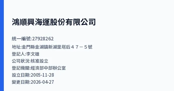 鴻順興海運股份有限公司的照片-統編 27928262(金門縣) 公司登記資料與營業項目詳細圖表