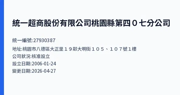 統一超商股份有限公司桃園縣第四0七分公司的照片-統編 27930387(桃園市) 公司登記資料與營業項目詳細圖表
