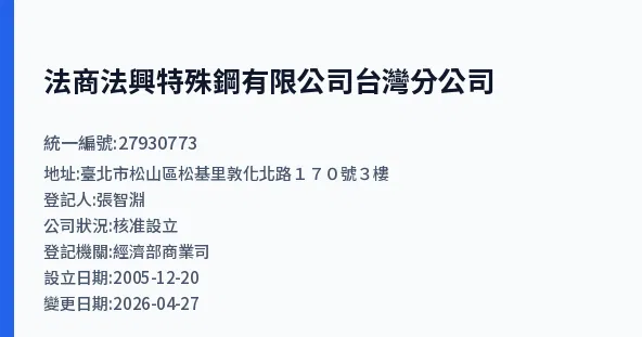 法商法興特殊鋼有限公司台灣分公司的照片-統編 27930773(臺北市) 公司登記資料與營業項目詳細圖表