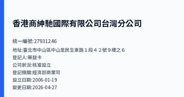 香港商紳馳國際有限公司台灣分公司的照片-統編 27931246(臺北市) 公司登記資料與營業項目詳細圖表