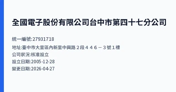 全國電子股份有限公司台中市第四十七分公司的照片-統編 27931718(臺中市) 公司登記資料與營業項目詳細圖表