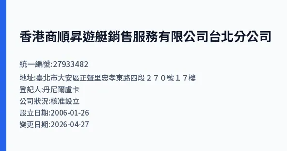 香港商順昇遊艇銷售服務有限公司台北分公司的照片-統編 27933482(臺北市) 公司登記資料與營業項目詳細圖表