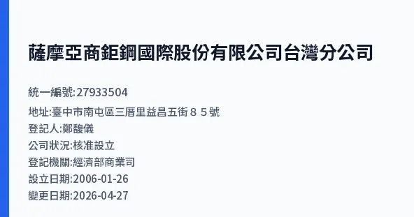 薩摩亞商鉅鋼國際股份有限公司台灣分公司的照片-統編 27933504(臺中市) 公司登記資料與營業項目詳細圖表