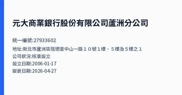 元大商業銀行股份有限公司蘆洲分公司的照片-統編 27933602(新北市) 公司登記資料與營業項目詳細圖表