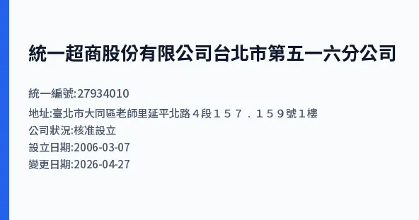 統一超商股份有限公司台北市第五一六分公司的照片-統編 27934010(臺北市) 公司登記資料與營業項目詳細圖表