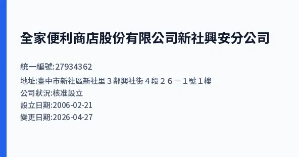 全家便利商店股份有限公司新社興安分公司的照片-統編 27934362(臺中市) 公司登記資料與營業項目詳細圖表