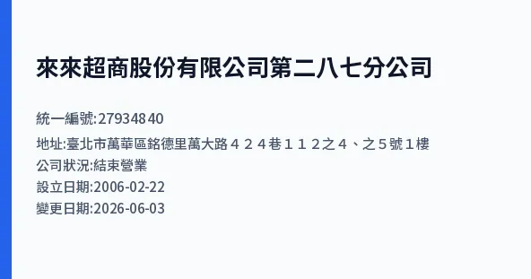 來來超商股份有限公司第二八七分公司的照片-統編 27934840(臺北市) 公司登記資料與營業項目詳細圖表