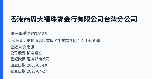 香港商周大福珠寶金行有限公司台灣分公司的照片-統編 27935186(臺北市) 公司登記資料與營業項目詳細圖表