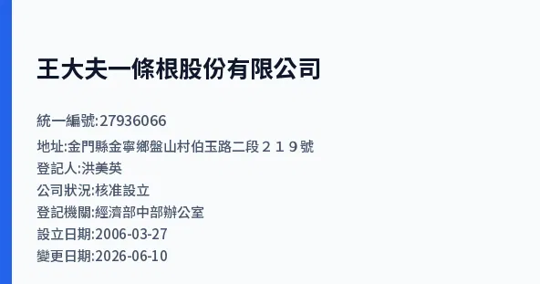 王大夫一條根股份有限公司的照片-統編 27936066(金門縣) 公司登記資料與營業項目詳細圖表