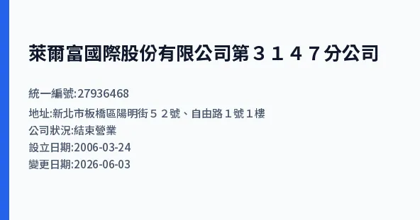 萊爾富國際股份有限公司第3147分公司的照片-統編 27936468(新北市) 公司登記資料與營業項目詳細圖表