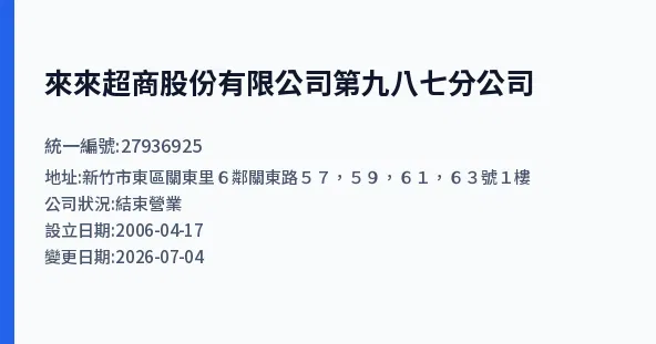 來來超商股份有限公司第九八七分公司的照片-統編 27936925(新竹市) 公司登記資料與營業項目詳細圖表