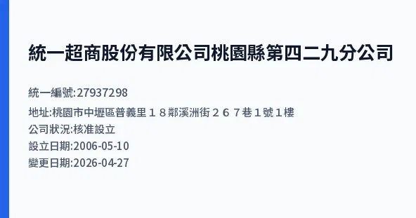 統一超商股份有限公司桃園縣第四二九分公司的照片-統編 27937298(桃園市) 公司登記資料與營業項目詳細圖表