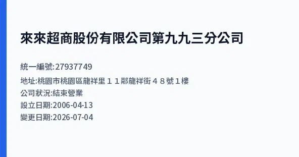 來來超商股份有限公司第九九三分公司的照片-統編 27937749(桃園市) 公司登記資料與營業項目詳細圖表