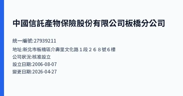 中國信託產物保險股份有限公司板橋分公司的照片-統編 27939211(新北市) 公司登記資料與營業項目詳細圖表