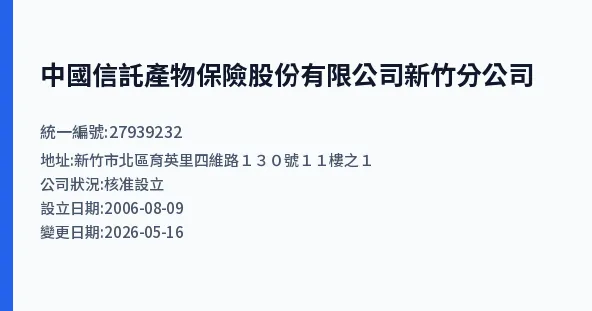 中國信託產物保險股份有限公司新竹分公司的照片-統編 27939232(新竹市) 公司登記資料與營業項目詳細圖表