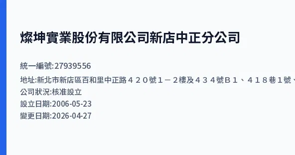 燦坤實業股份有限公司新店中正分公司的照片-統編 27939556(新北市) 公司登記資料與營業項目詳細圖表