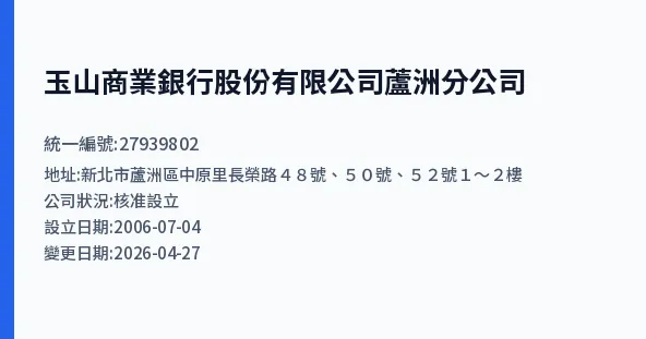 玉山商業銀行股份有限公司蘆洲分公司的照片-統編 27939802(新北市) 公司登記資料與營業項目詳細圖表