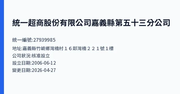 統一超商股份有限公司嘉義縣第五十三分公司的照片-統編 27939985(嘉義縣) 公司登記資料與營業項目詳細圖表