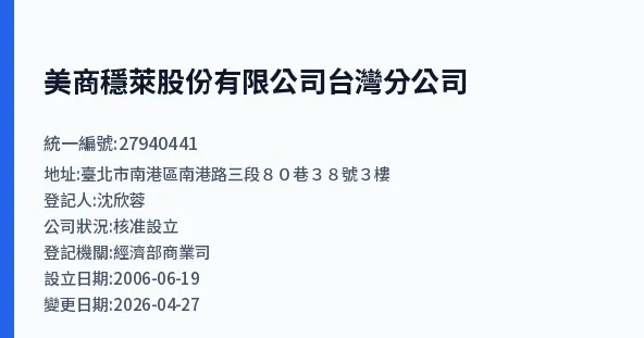 美商穩萊股份有限公司台灣分公司的照片-統編 27940441(臺北市) 公司登記資料與營業項目詳細圖表