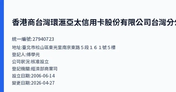 香港商台灣環滙亞太信用卡股份有限公司台灣分公司的照片-統編 27940723(臺北市) 公司登記資料與營業項目詳細圖表
