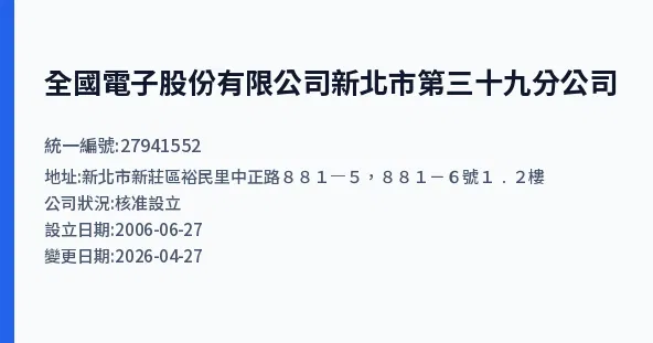 全國電子股份有限公司新北市第三十九分公司的照片-統編 27941552(新北市) 公司登記資料與營業項目詳細圖表