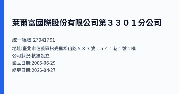萊爾富國際股份有限公司第3301分公司的照片-統編 27941791(臺北市) 公司登記資料與營業項目詳細圖表