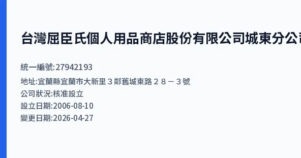 台灣屈臣氏個人用品商店股份有限公司城東分公司的照片-統編 27942193(宜蘭縣) 公司登記資料與營業項目詳細圖表