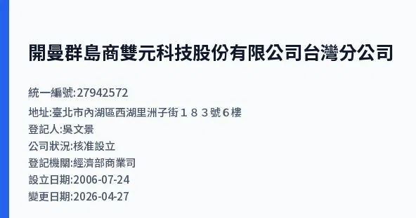 開曼群島商雙元科技股份有限公司台灣分公司的照片-統編 27942572(臺北市) 公司登記資料與營業項目詳細圖表