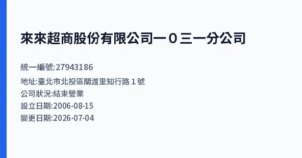 來來超商股份有限公司一0三一分公司的照片-統編 27943186(臺北市) 公司登記資料與營業項目詳細圖表