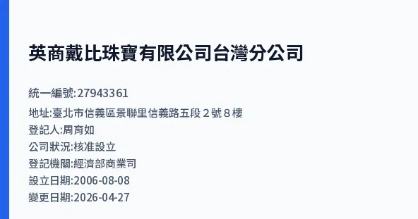 英商戴比珠寶有限公司台灣分公司的照片-統編 27943361(臺北市) 公司登記資料與營業項目詳細圖表