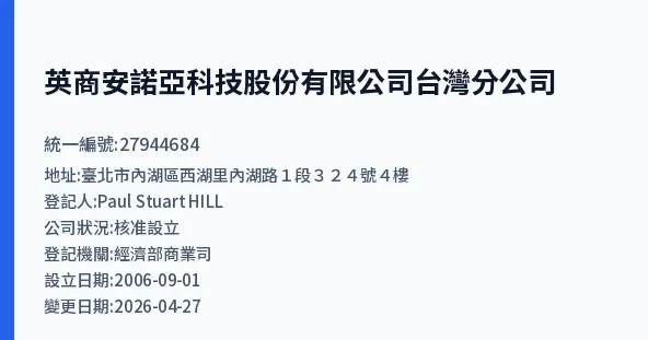 英商安諾亞科技股份有限公司台灣分公司的照片-統編 27944684(臺北市) 公司登記資料與營業項目詳細圖表