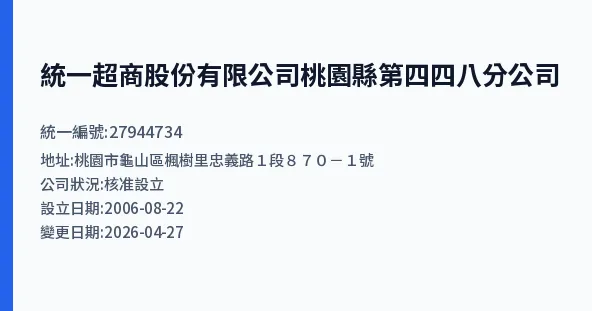 統一超商股份有限公司桃園縣第四四八分公司的照片-統編 27944734(桃園市) 公司登記資料與營業項目詳細圖表